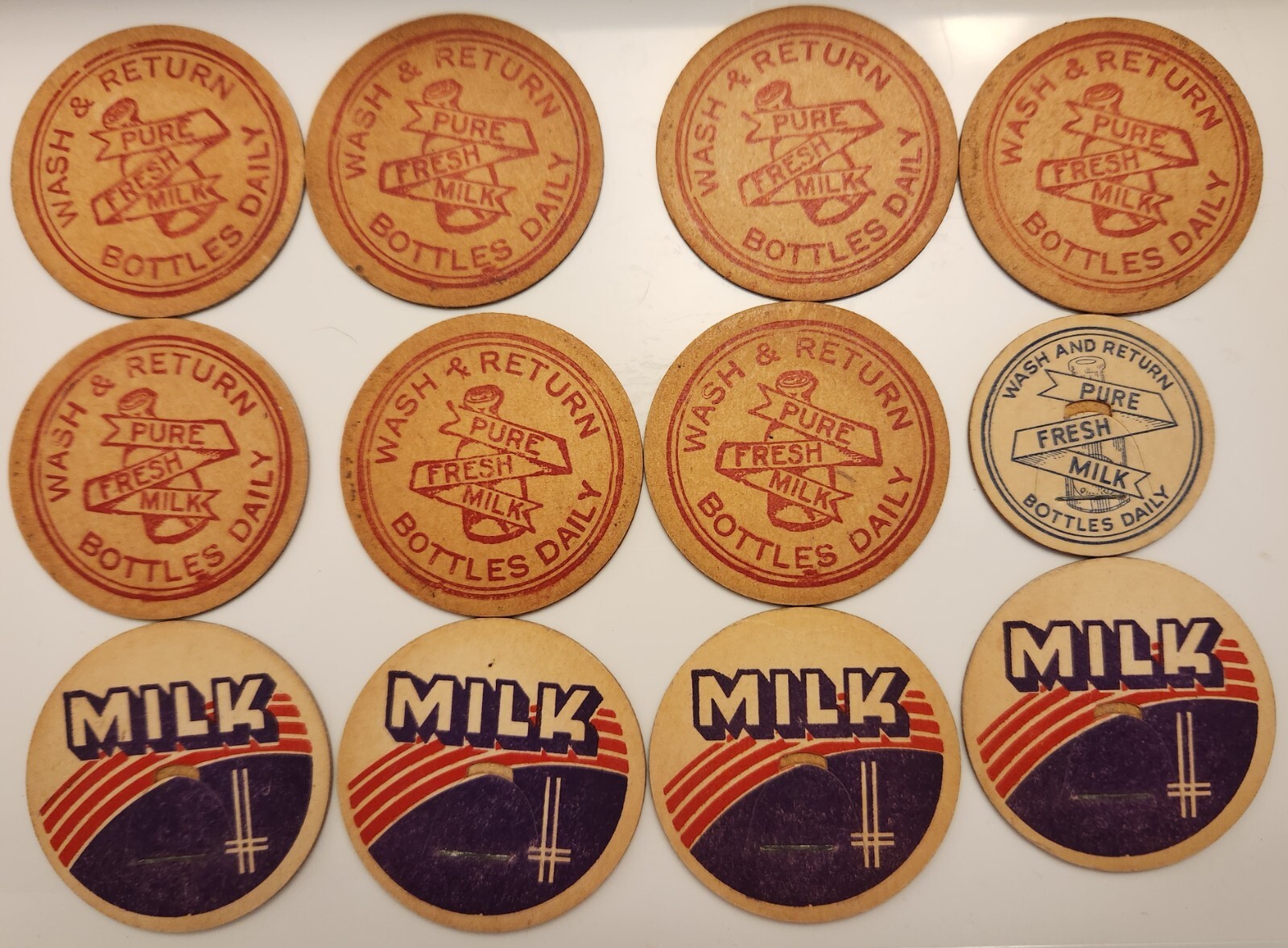 12 DAIRY CAPS -3 different - vintage paper MILK BOTTLE CAP INSERTS New ...