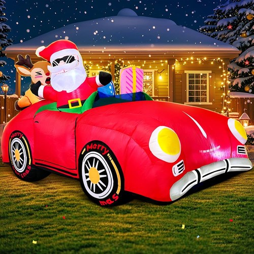 6.5FT Christmas Inflatables Red Car Santa Claus and Reindeer Drive ...