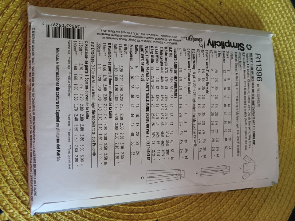 Simplicity R11396 High Waist Skinny Pant or Bell Bottoms, Tie Top Sz 16 ...