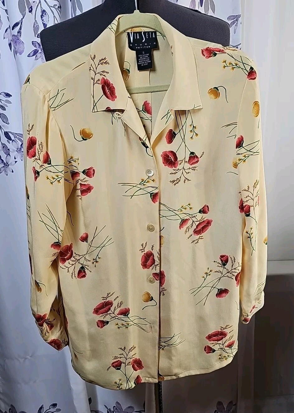 Via Seta Studio Petites Silk Women's shirt Size S Yellow pink flowers ...
