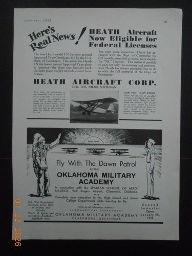 1932 Heath Aircraft Airplane AD model LN Oklahoma Military Academy ...