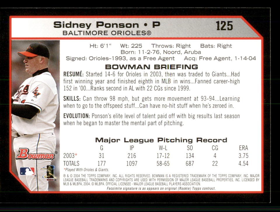 2004 Bowman Sidney Ponson #125 Baltimore Orioles | eBay