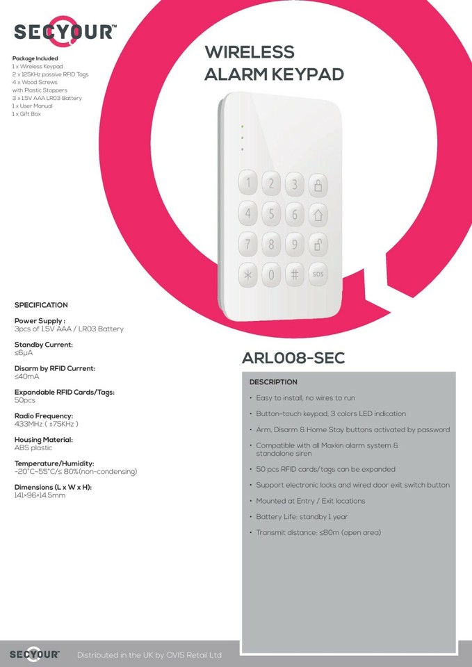 SECYOUR WIRELESS KEYPAD & RFID TAGS for ALARM SYSTEM REMOTE BUILDING ...