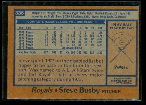 Vintage 1978 TOPPS Baseball Trading Card #336 STEVE BUSBY Kansas City ...