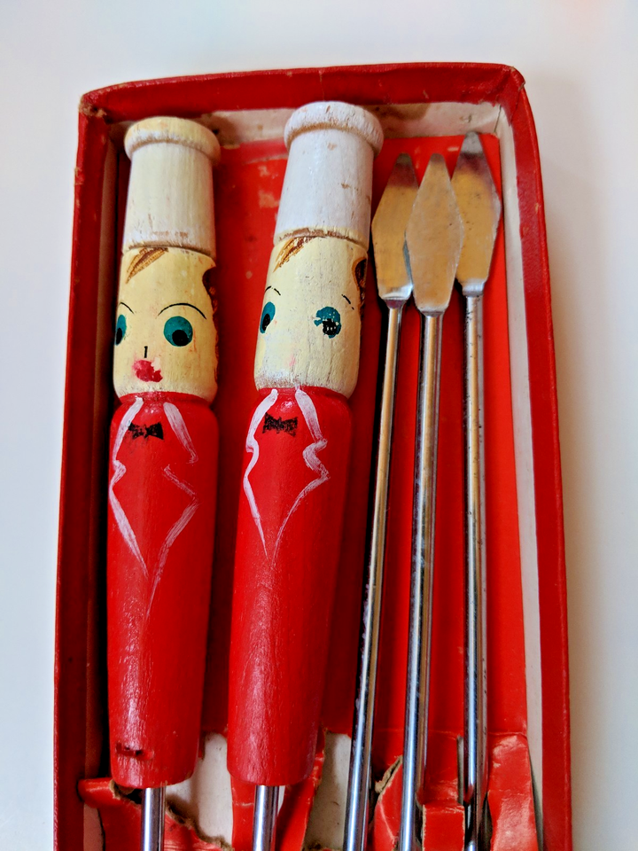 Vintage Wood Hand Painted Face Fondue Skewers Box Japan Mid Century ...