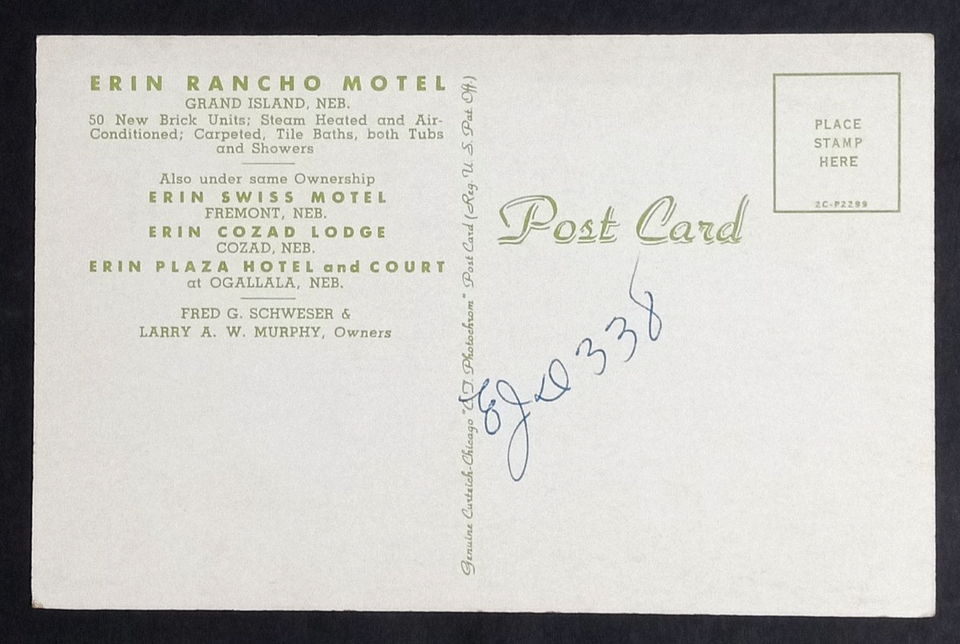 Erin Rancho Motel Grand Island Nebraska NE Postcard 1952 UNP Street ...