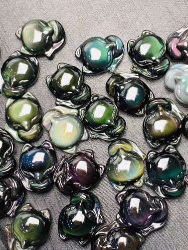 3Pcs Natural Rainbow Eye Obsidian Quartz Crystal Nine-Tailed Fox Deco ...