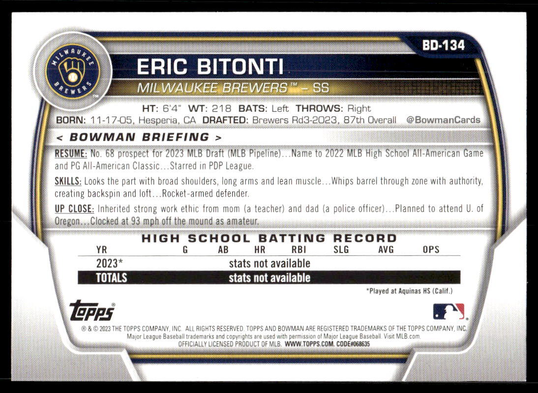Eric Bitonti 2023 Bowman Draft BD-134 Milwaukee Brewers Baseball Card ...