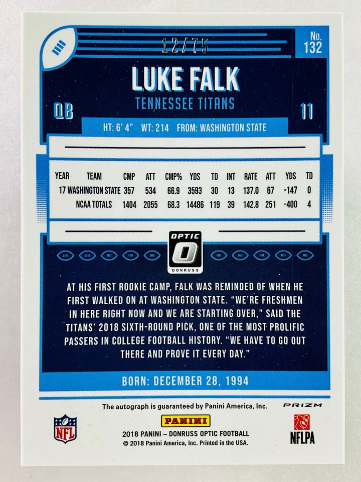 2018 Donruss Optic Rookie Auto Blue #132 Luke Falk /75 TITANS | eBay