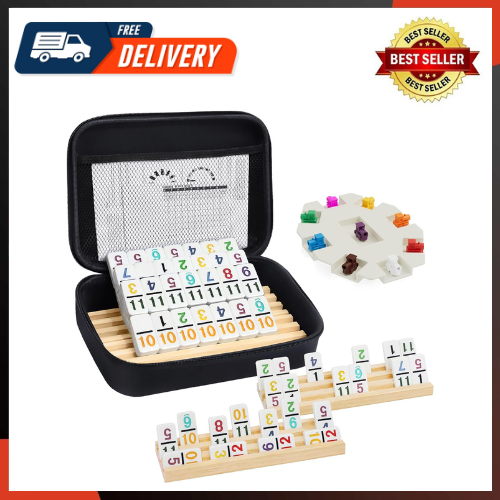 Mexican Train Dominoes Set with Numbers and 4 Wooden Trays/Racks Double ...