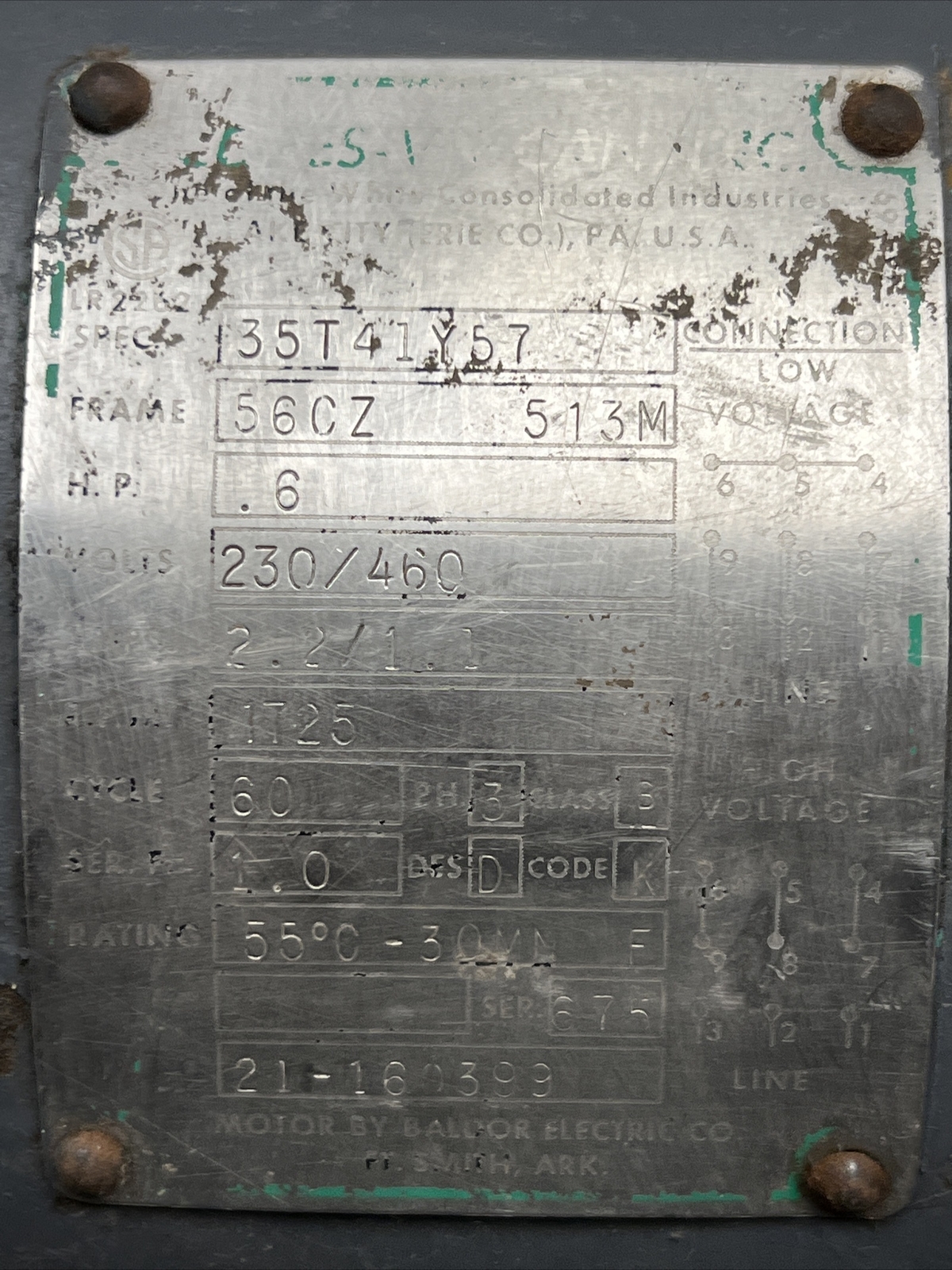 Copes Vulcan 35T41Y57 Ac Motor 56cz 3ph 0.6hp 1725rpm 230/460v-ac for ...