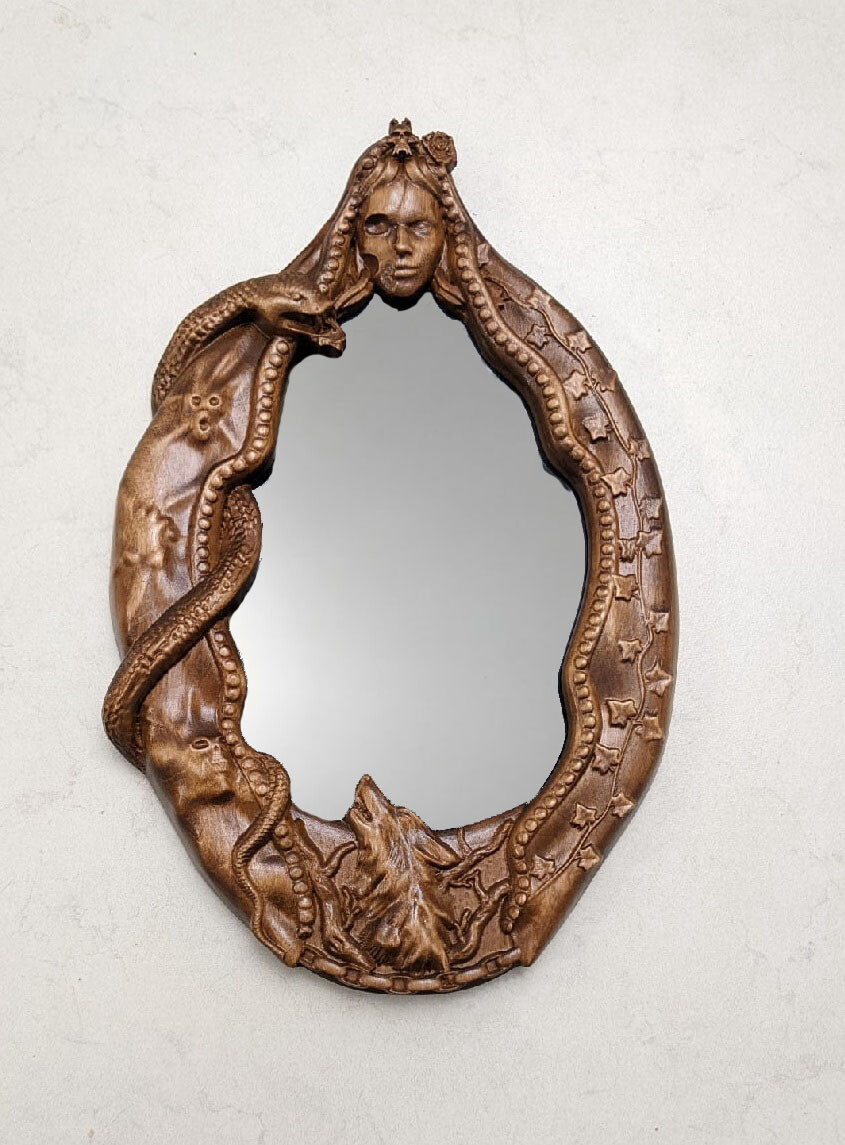 Scrying mirror Goddess Hell Wall mirror décor Natural wood Pagan Altar ...
