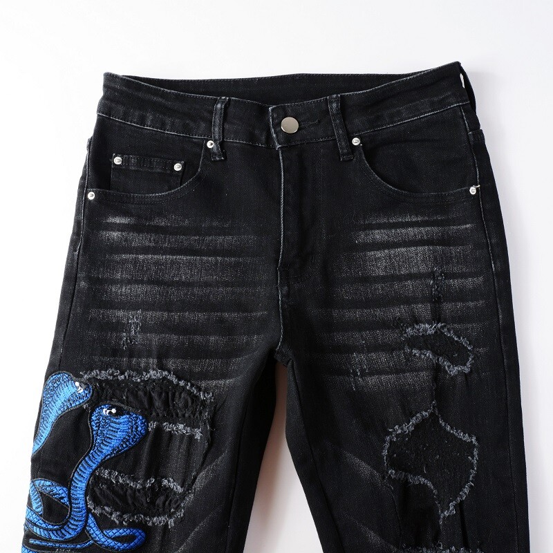 Men's Skinny Stretch Patches Jeans Distressed Washed Denim Snake ...