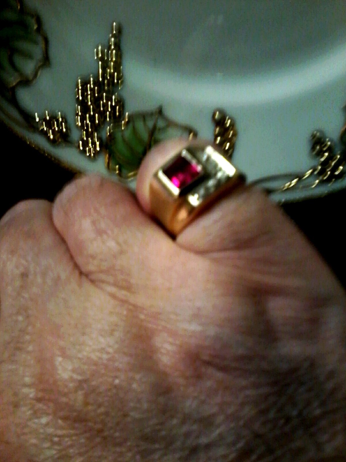 Mens 14K Gold Lab. Ruby and Diamond Ring Size 6.5 - Gem