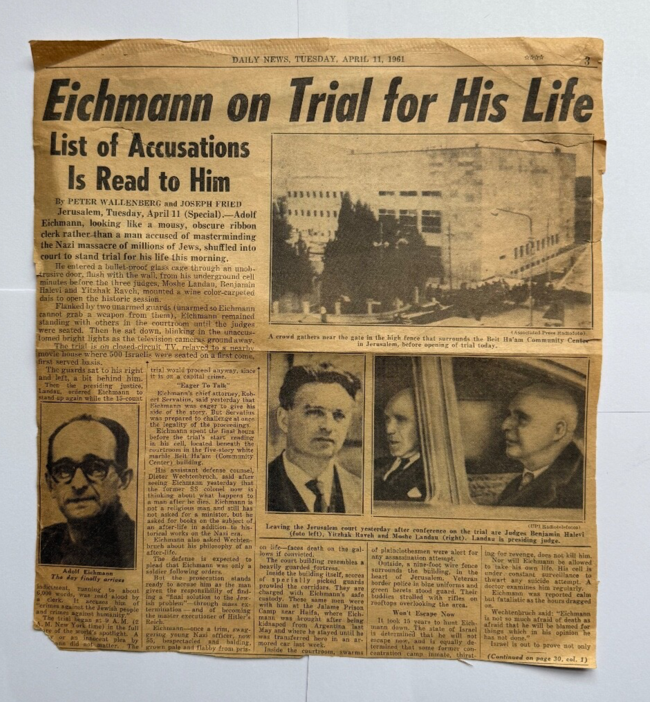 NAZI ADOLF EICHMANN ON TRIAL Original Newspaper clipping April 11, 1961 ...