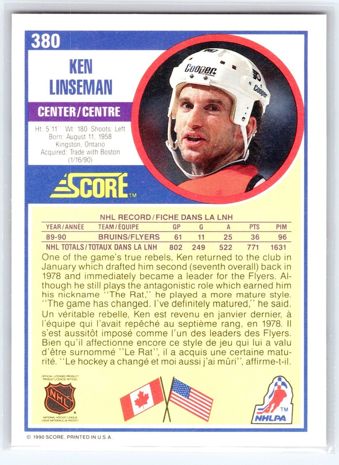 1990 Score Canadian #380 Ken Linseman Hockey Philadelphia Flyers | eBay