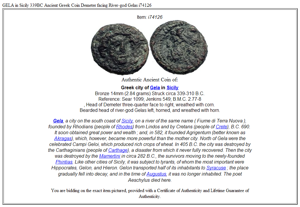 GELA in Sicily 339BC Ancient Greek Coin Demeter facing River-god Gelas ...