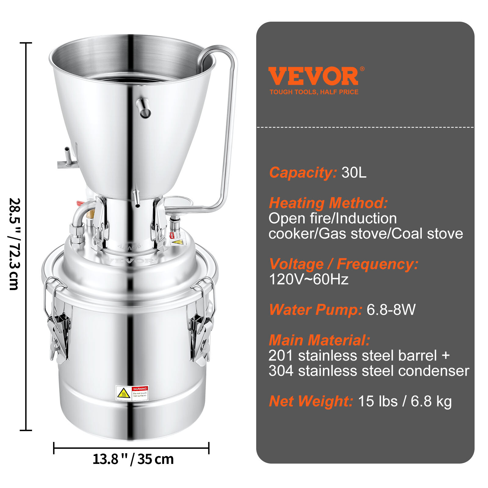 VEVOR 30L Water Alcohol Distiller 8Gal Distillery Kit w/ Pump for DIY ...