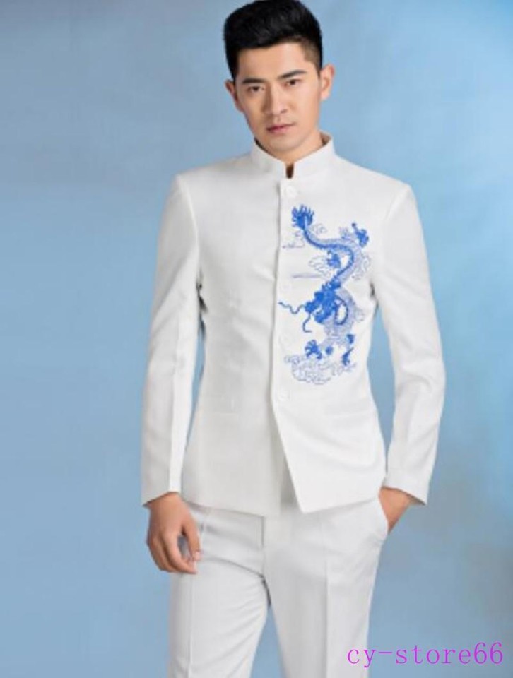 Chinese style Tang suits Mens Stand Collar Embroidery Dragon Retro ...