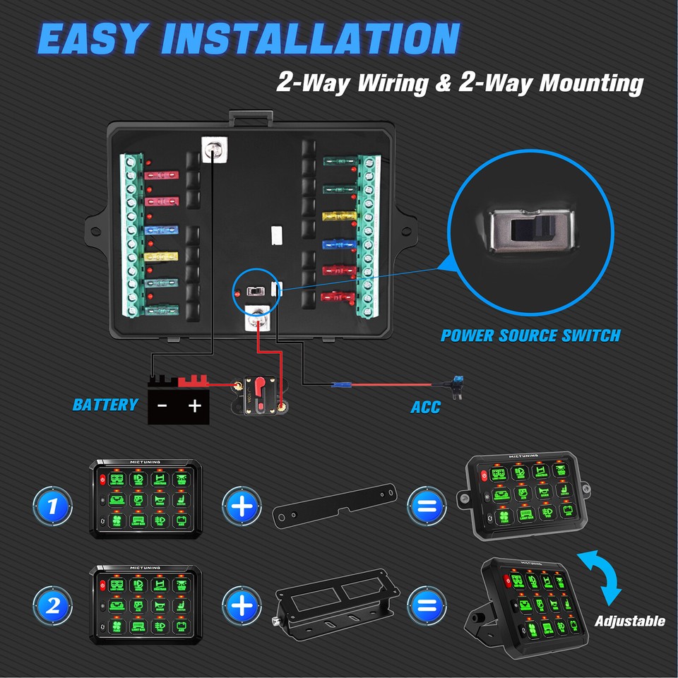 MICTUNING 12 Gang Switch Panel Kit Green Touch Led Lights Relays ...