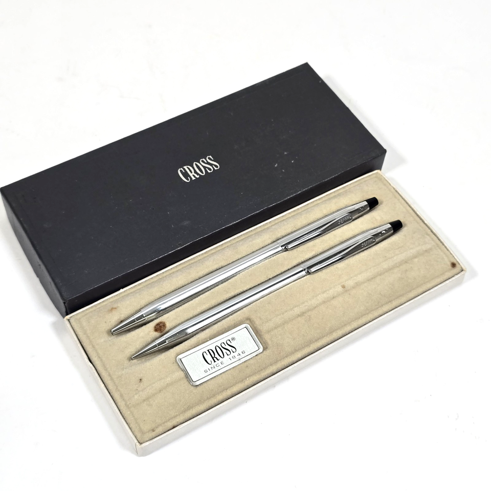 VINTAGE CROSS 3501 CHROME BALLPOINT PEN & PENCIL SET W/ BOX & REFILLS ...