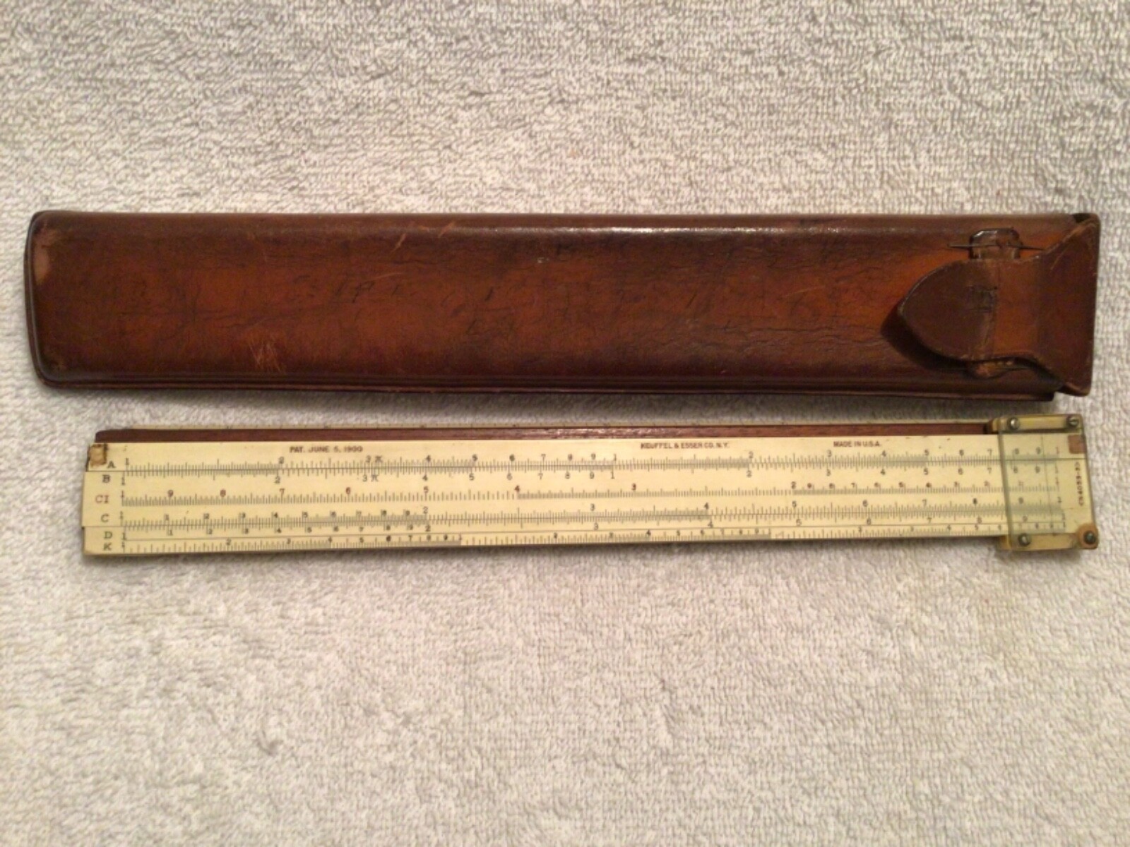 Vtg. Slide Rule & Leather Case Keuffel & Essex Co. N4053-3 Patented ...