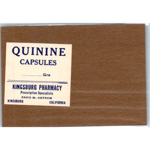 Quinine Kingsburg Pharmacy David W. Ostrom CA Antique Apothecary Label ...