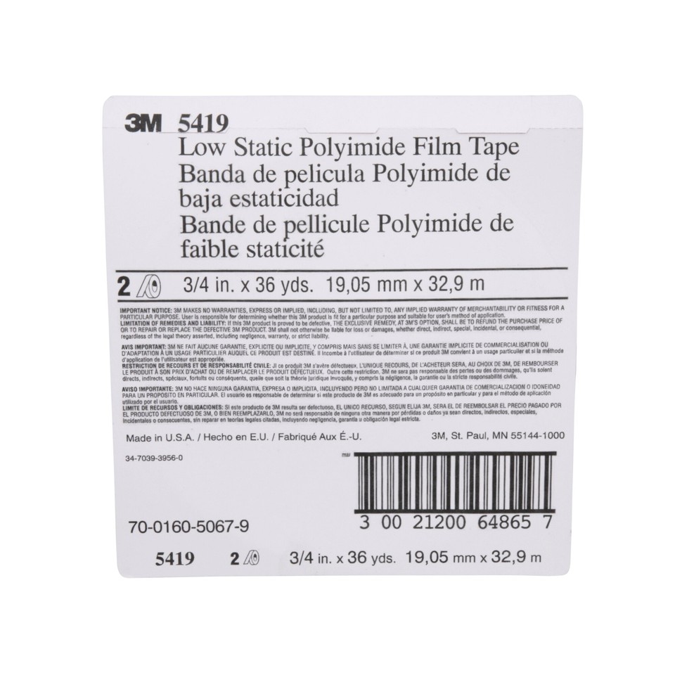 3M Low-Static Polyimide Film Tape 5419 Gold, 3/4 in x 36 yds x 2.7 mil ...
