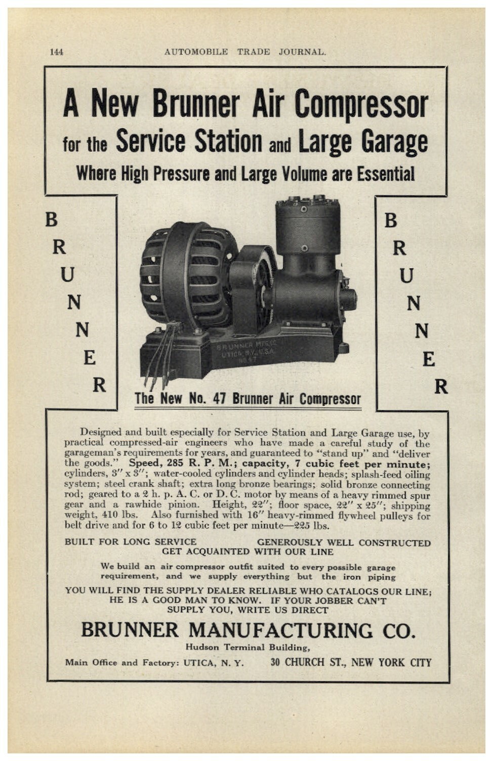 1913 PAPER AD Car Auto Brunner Air Compressor Service Station Gas ...