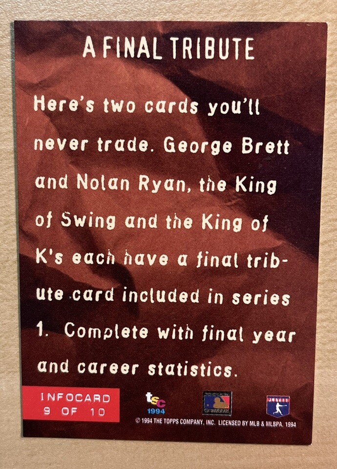 Nolan Ryan A Final Tribute 1994 Stadium Club Infocard #9, NM-MT | eBay