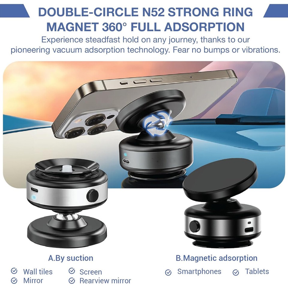 Electric Vacuum Magnetic Suction Cup Car Phone Holder Stand Mount 360 ...