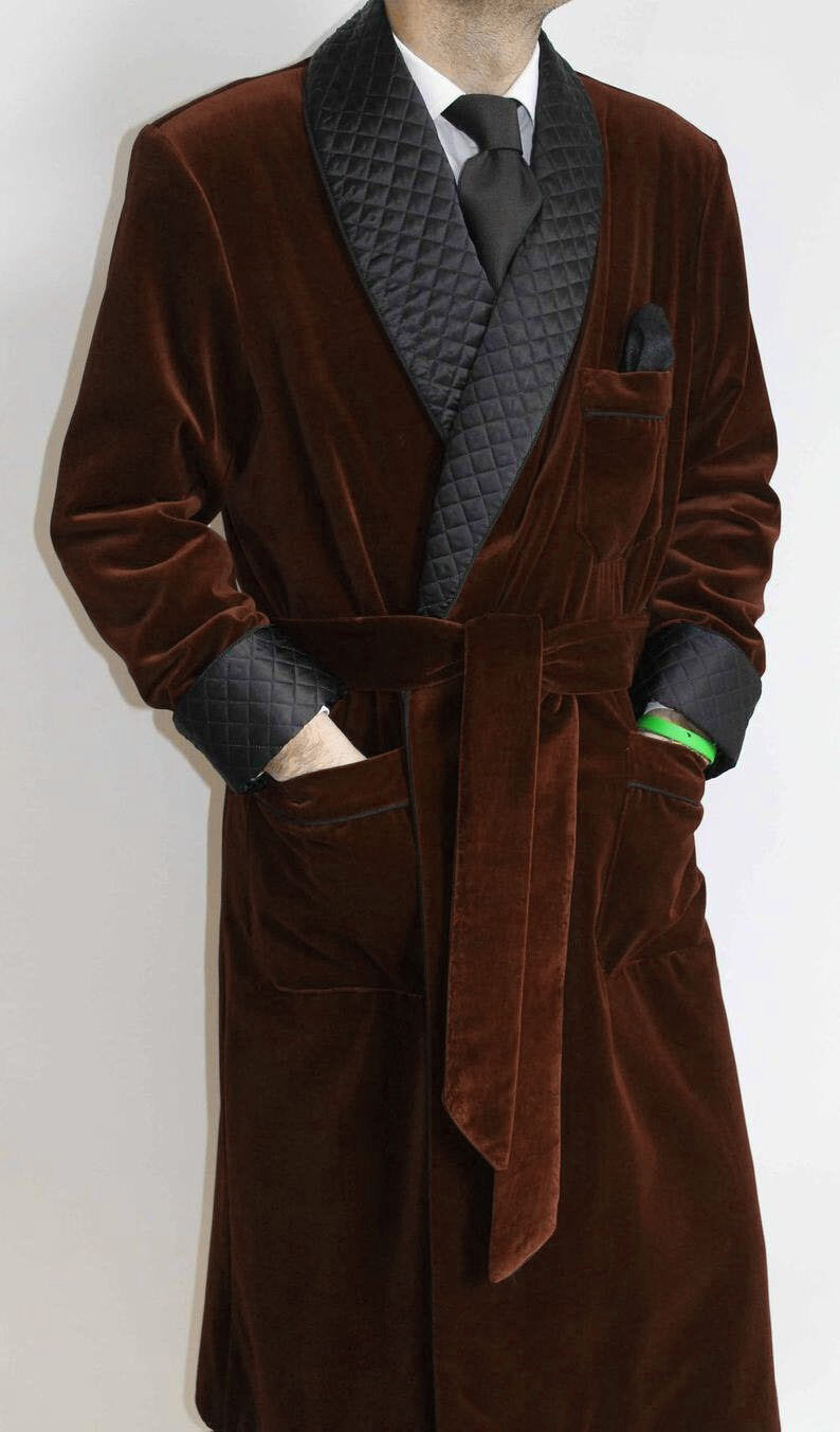 Men Long Smoking Jacket Brown Velvet Quilted Smoking Robe Evening ...
