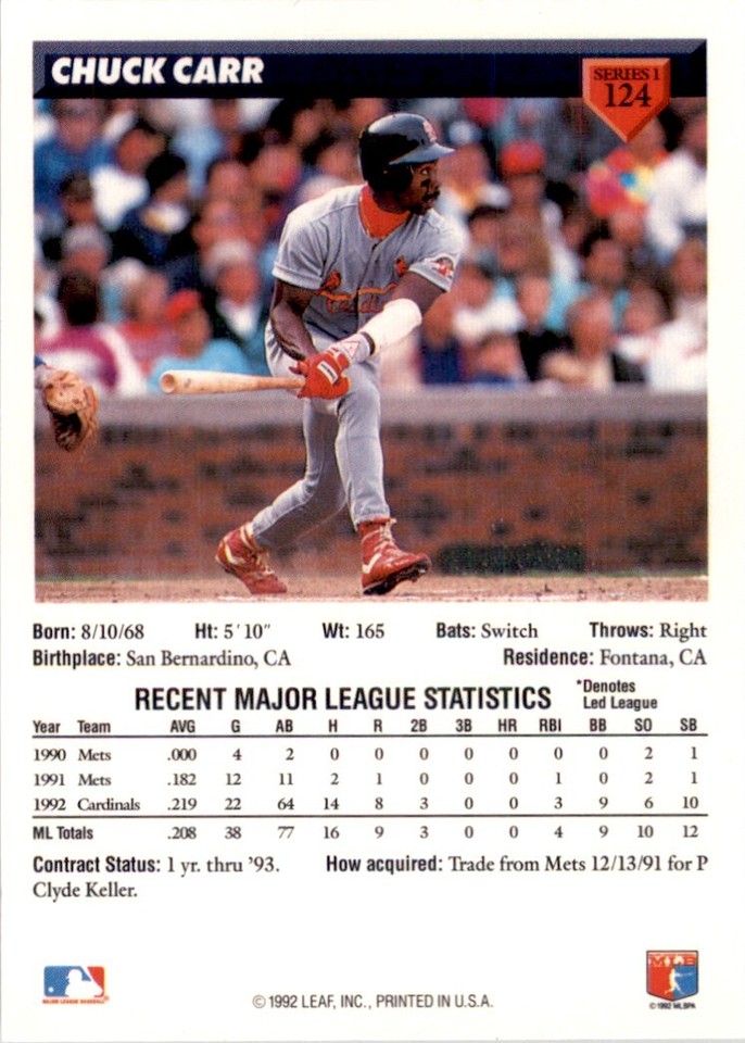 1992 Donruss Chuck Carr St. Louis Cardinals #124 | eBay