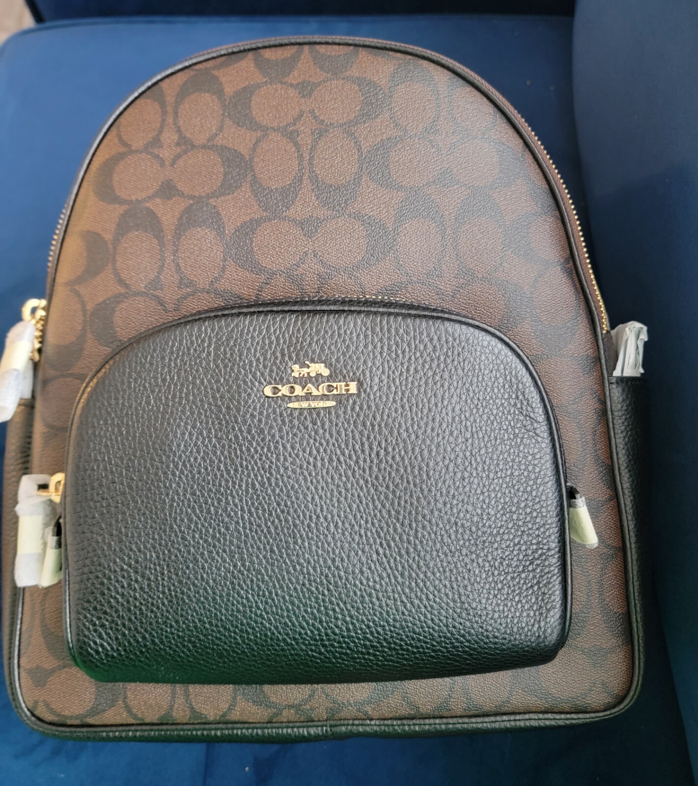 COACH COURT Backpack Signature Brown Canvas Black Pebbled Leather 5671 ...