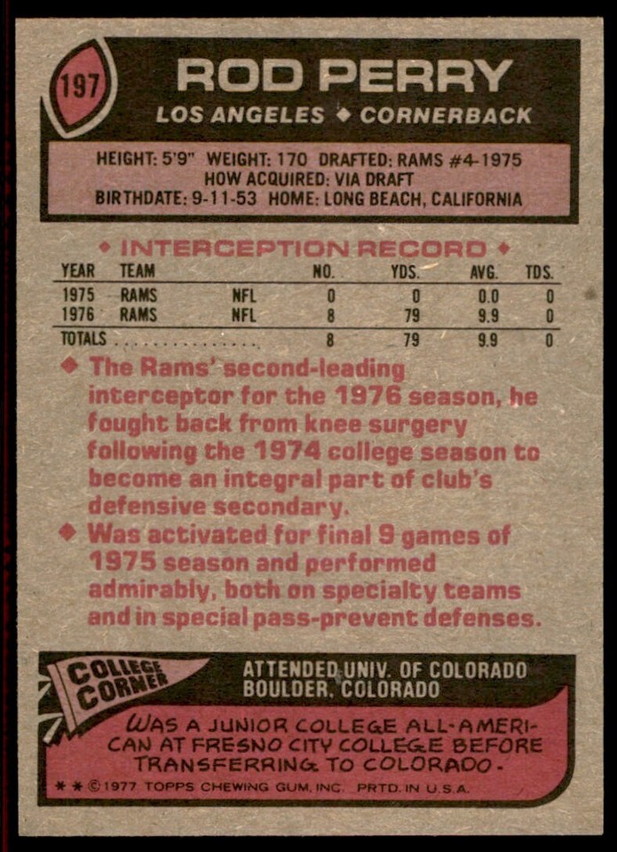 1977 Topps Rod Perry Rookie Football Card Los Angeles Rams #197 | eBay
