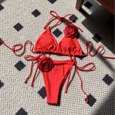 Backless Summer Women Bikinis with Rose Solid Color Bathing Suit Bikini ...