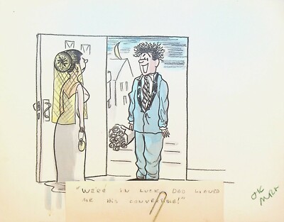 Original Comic Art Gag Cartoon Man on Date Dad's Convertible Flowers ...