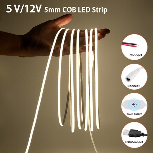 0.5-5m COB LED Strip Lights 5V 12V 5mm wide High Density TV Tape Rope ...