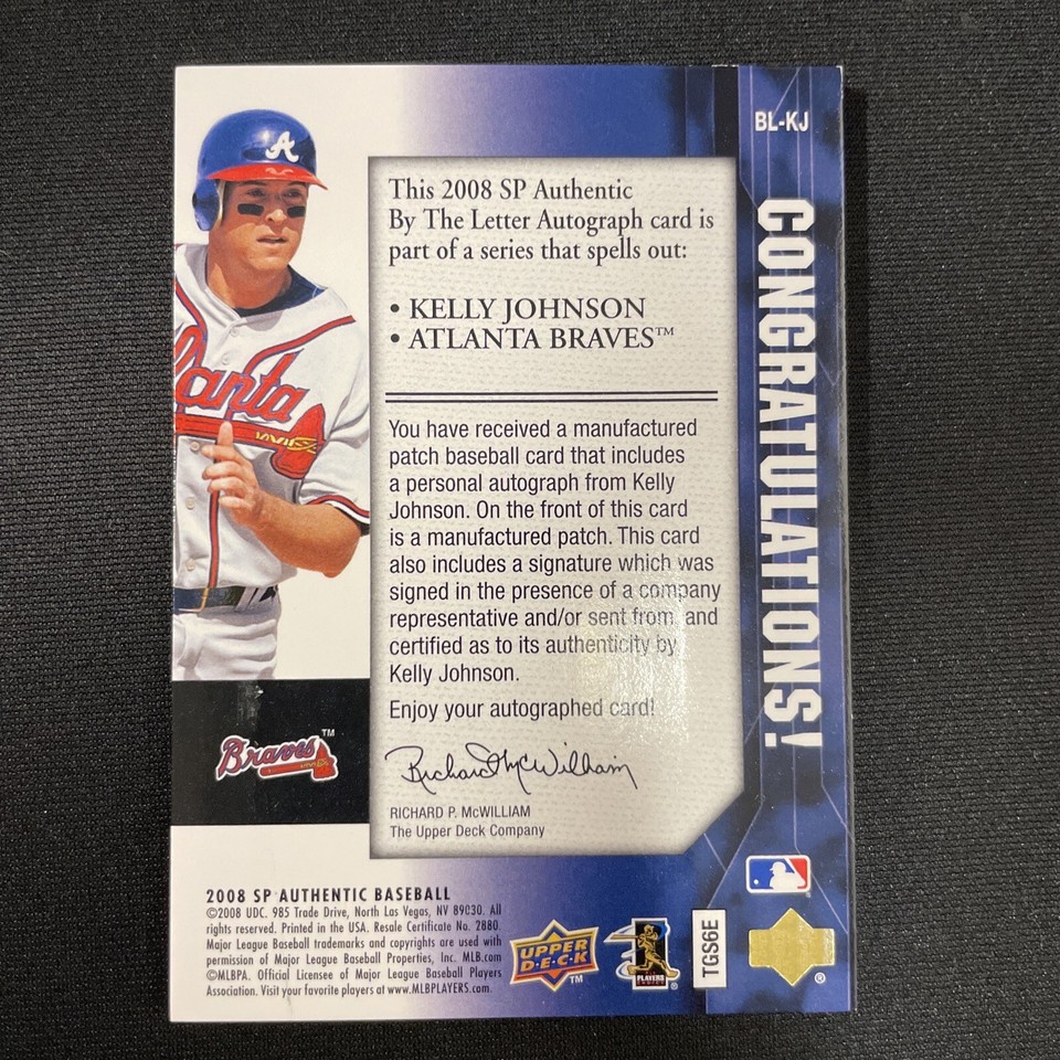 2008 SP Authentic By The Letter Kelly Johnson Braves Jumbo Patch AUTO ...