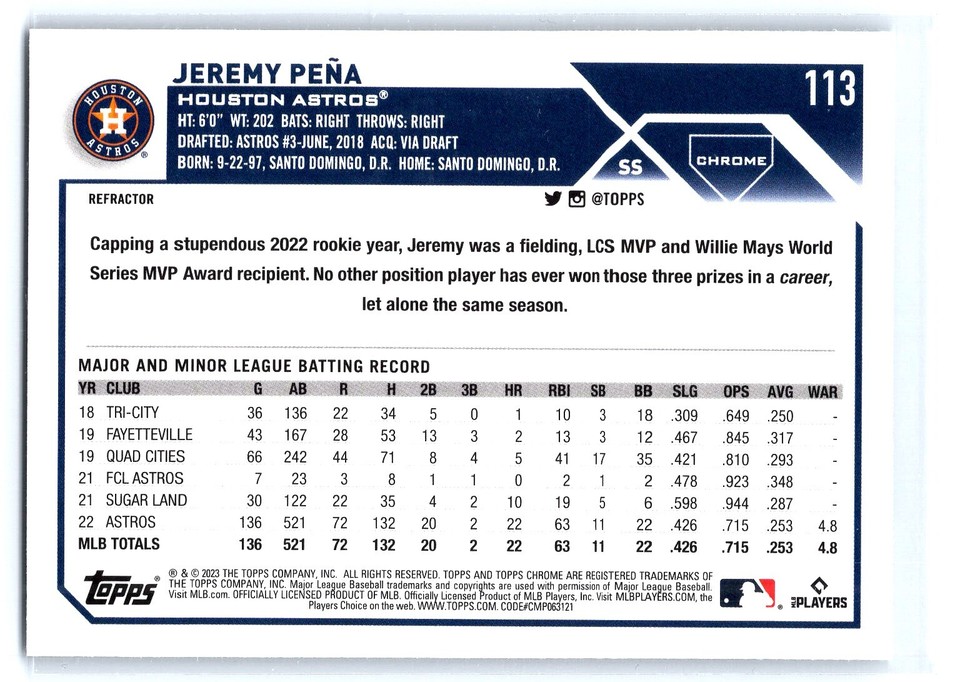 2023 TOPPS CHROME BASEBALL SILVER REFRACTOR PARALLEL #113 JEREMY PENA ...