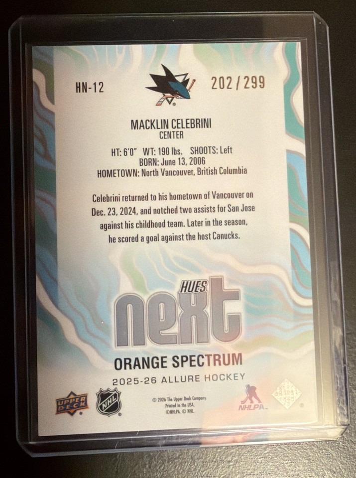 Macklin Celebrini Allure 2025-2026 Hues Next Orange Spectrum /299 | eBay