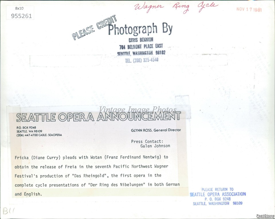 1981 Seattle Opera Announcement For Das Rheingold Production Photo 8X10 ...