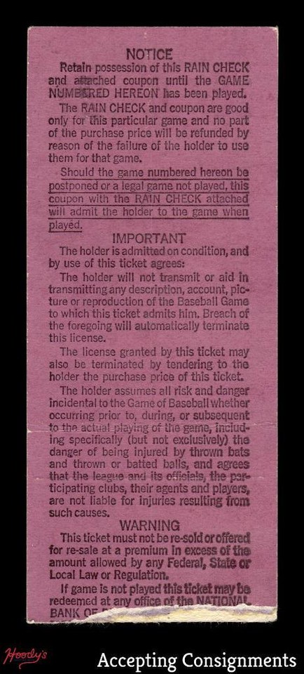 1972 October 10th Rain Check Ticket Stub Tigers vs. A's Al Kaline GOOD ...