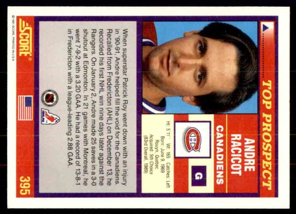 1991-92 SCORE AMERICAN ANDRE RACICOT #395 | eBay