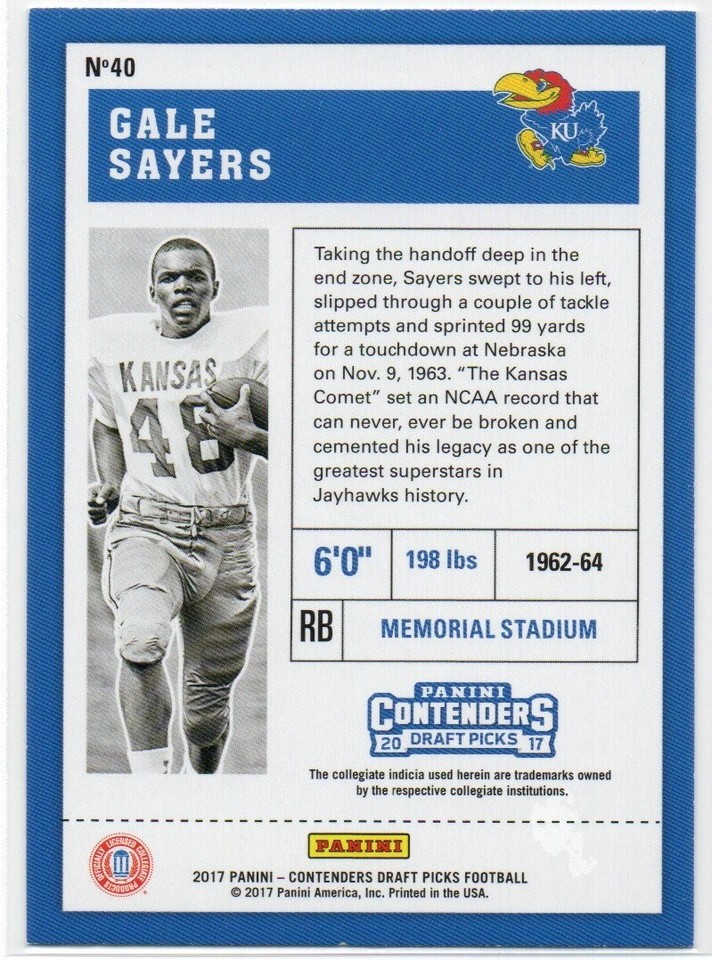 Gale Sayers 2017 Panini Contenders Draft Picks #40 Kansas Jayhawks ...