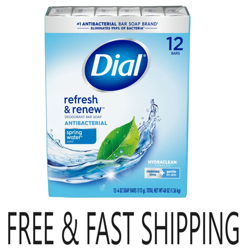 Dial Antibacterial Bar Soap, Refresh & Renew, Spring Water, 4 oz, 12 ...