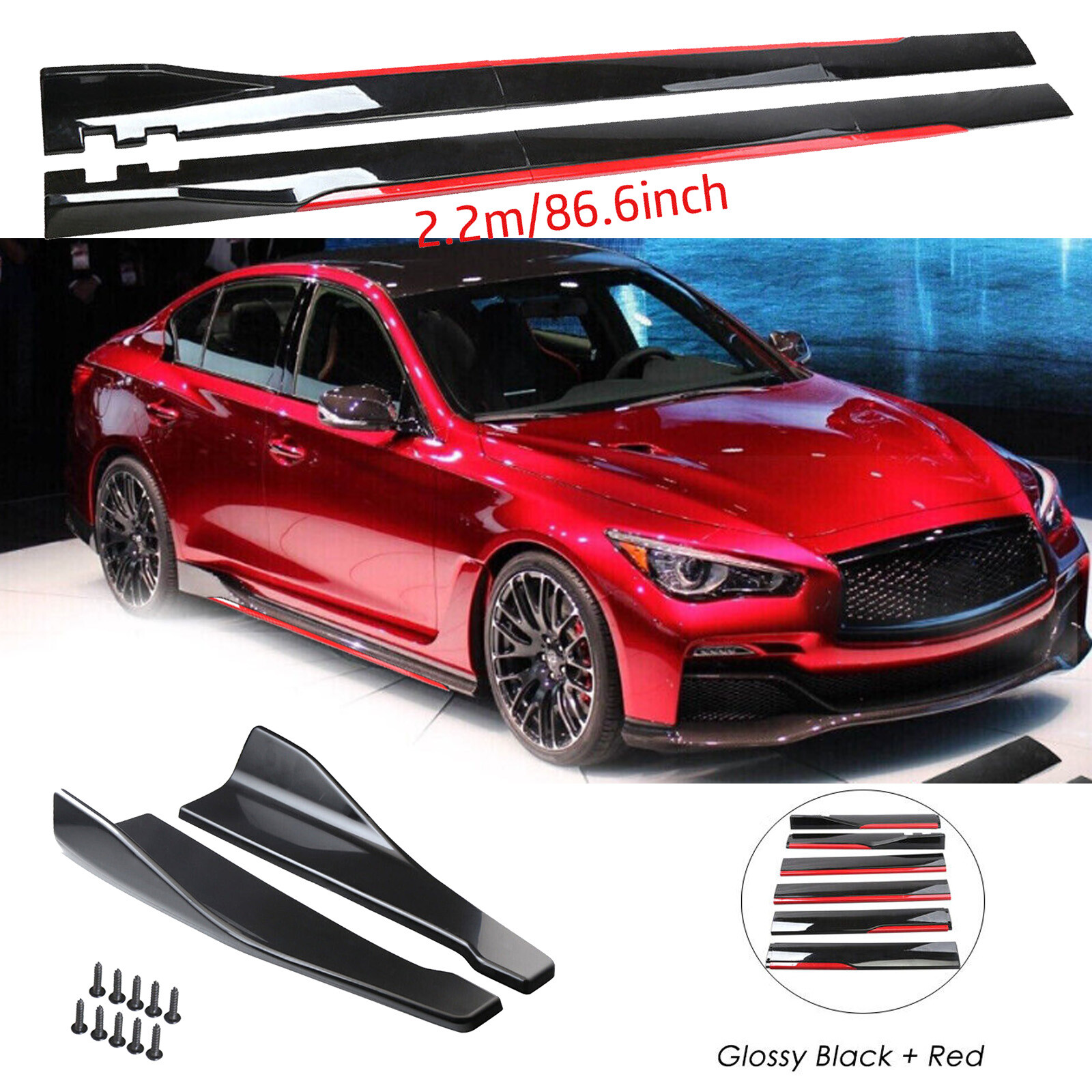 Gloss Black Red Side Skirt For INFINITI Q50 Rear Bumper Chin Lip Spats ...
