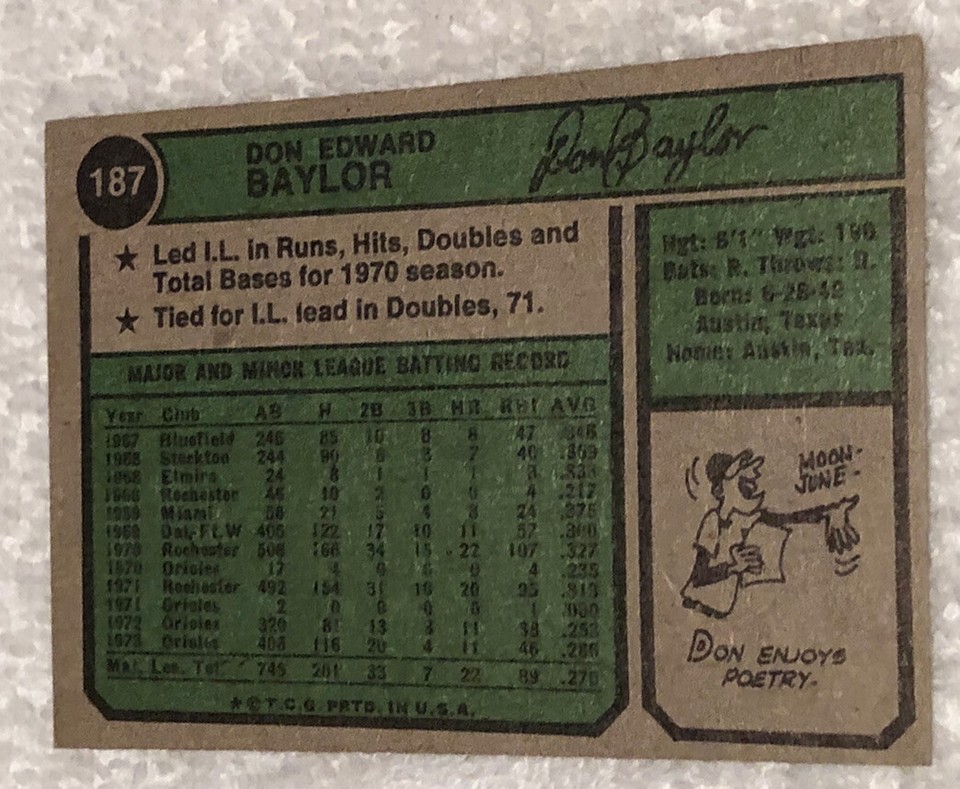 1974 Topps #187 Don Baylor Baltimore Orioles Outfield | eBay