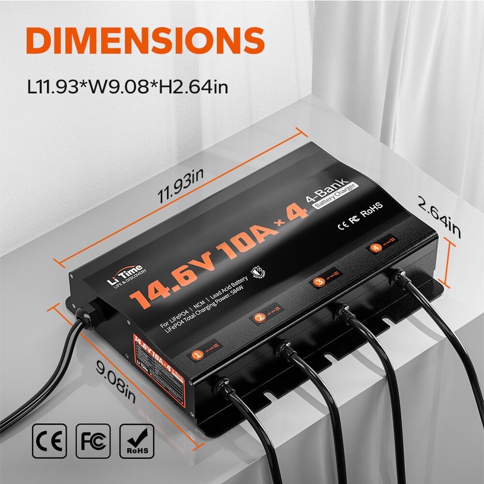 LiTime 14.6V 10A* 4 Bank Battery Charger for 12V Lithium LiFePO4 Lead ...
