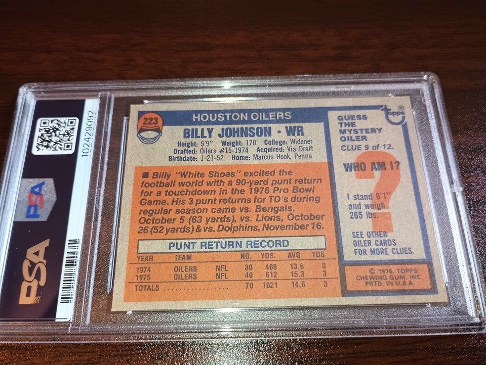 1976 Topps Football #223 Billy "White Shoes" Johnson PSA 9 Mint Houston ...